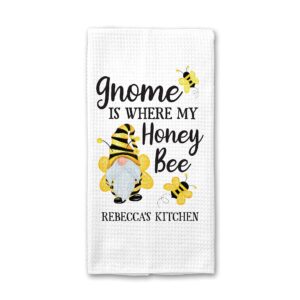 CANARY ROAD Personalized Gnome is Where My Honey Bee Kitchen Towel | Custom Bee Theme Dish Towel | Summer Kitchen Decor | Seasonal Decor | Kitchen Accessories | Housewarming Gift | Gift for Friend