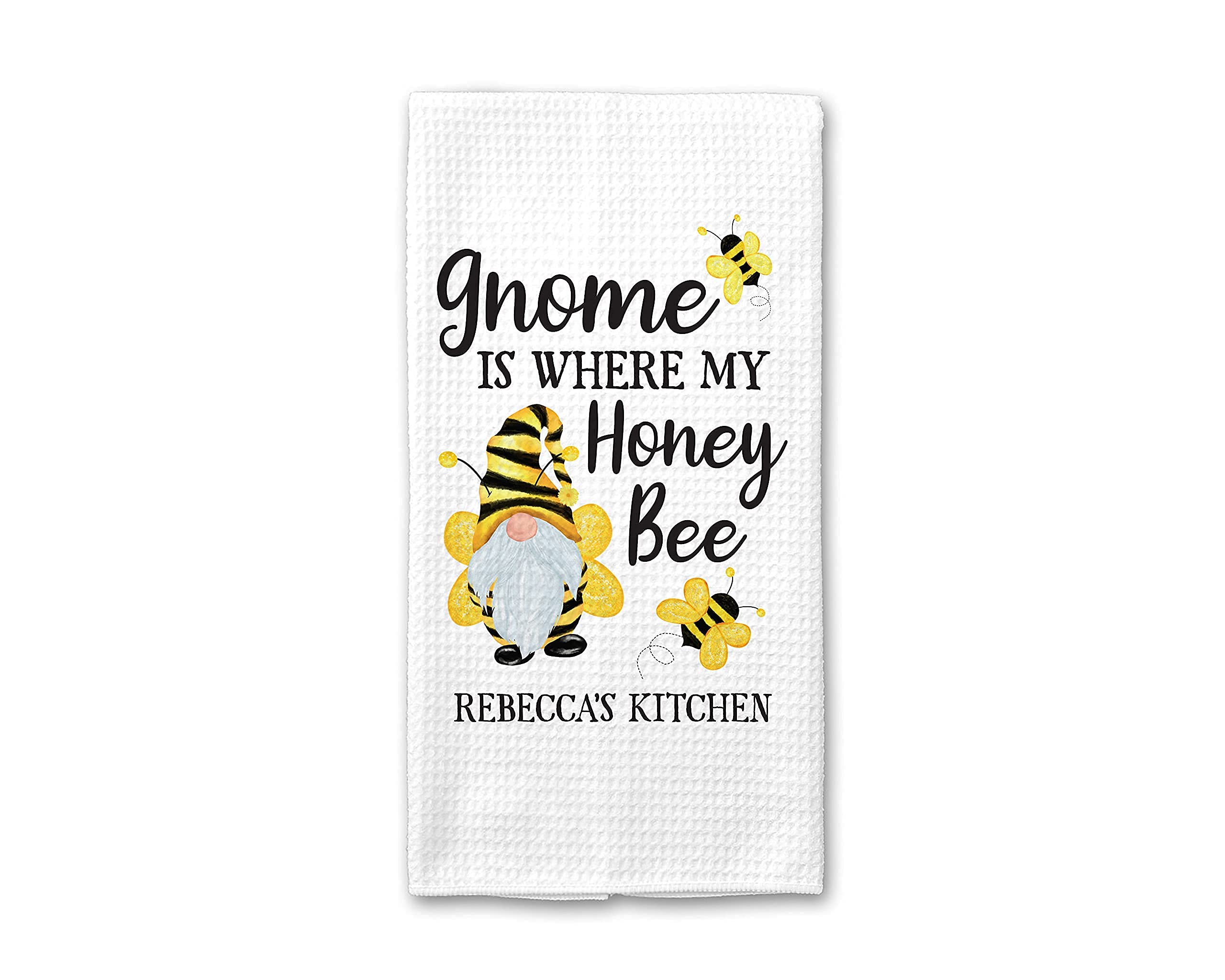 CANARY ROAD Personalized Gnome is Where My Honey Bee Kitchen Towel | Custom Bee Theme Dish Towel | Summer Kitchen Decor | Seasonal Decor | Kitchen Accessories | Housewarming Gift | Gift for Friend