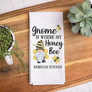 CANARY ROAD Personalized Gnome is Where My Honey Bee Kitchen Towel | Custom Bee Theme Dish Towel | Summer Kitchen Decor | Seasonal Decor | Kitchen Accessories | Housewarming Gift | Gift for Friend