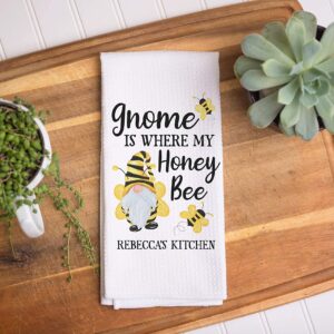 CANARY ROAD Personalized Gnome is Where My Honey Bee Kitchen Towel | Custom Bee Theme Dish Towel | Summer Kitchen Decor | Seasonal Decor | Kitchen Accessories | Housewarming Gift | Gift for Friend