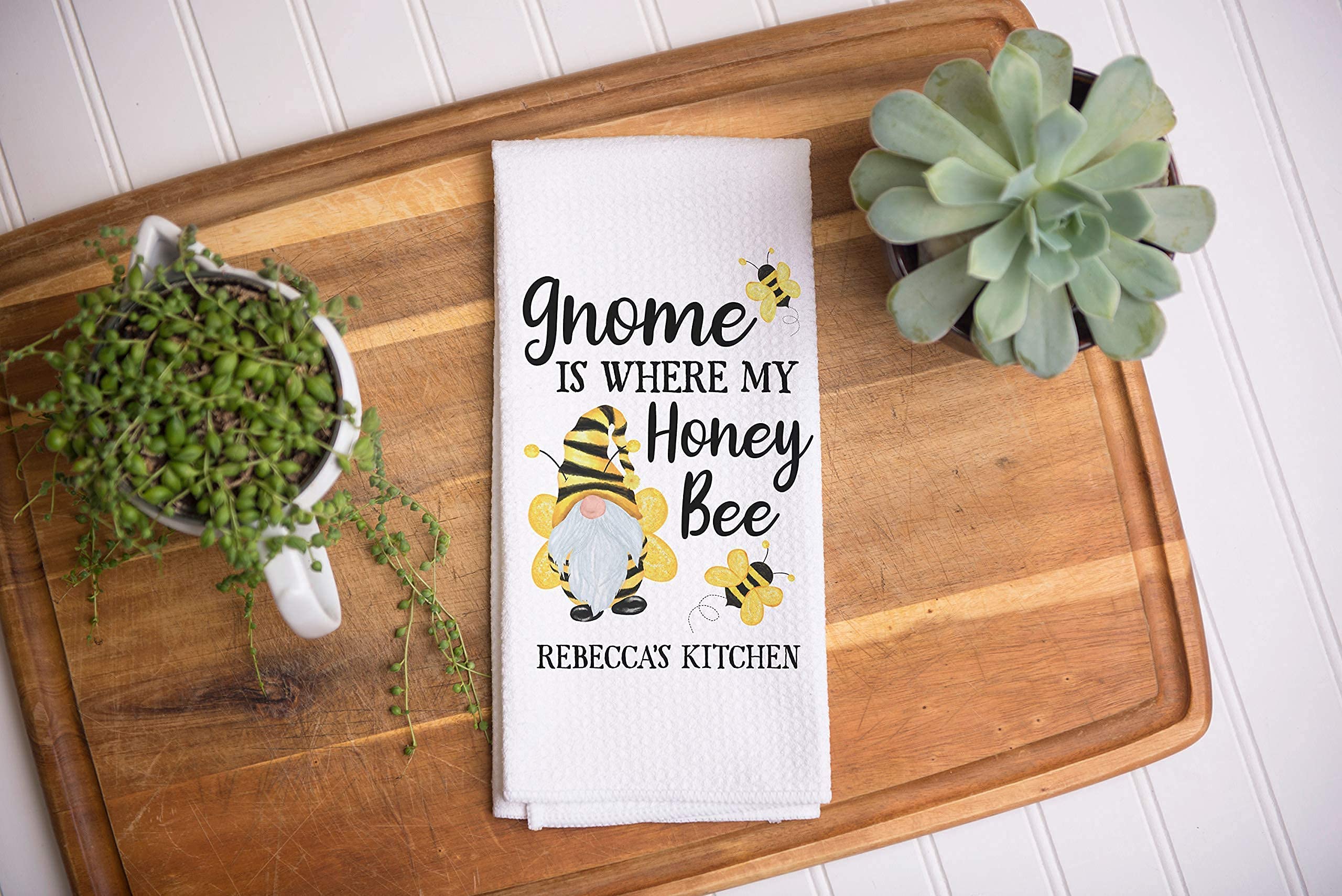 CANARY ROAD Personalized Gnome is Where My Honey Bee Kitchen Towel | Custom Bee Theme Dish Towel | Summer Kitchen Decor | Seasonal Decor | Kitchen Accessories | Housewarming Gift | Gift for Friend