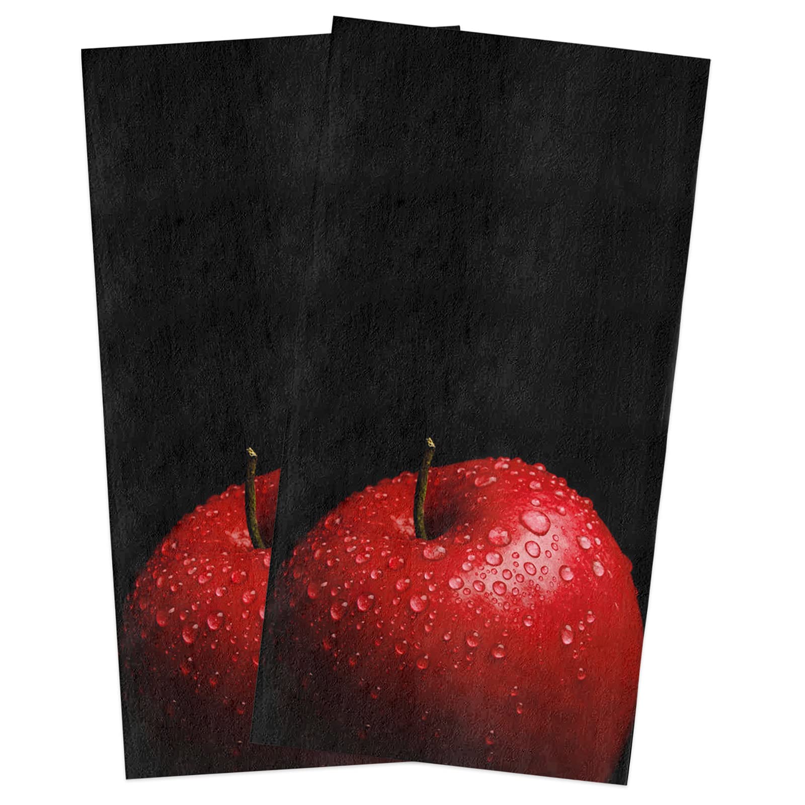 Beisseid Red Apples Kitchen Towels Set Water Drops Dish Cloth Fingertip Bath Towels Cloth Black Background Hand Drying Soft Cotton Tea Towel 18x28in 2PCS