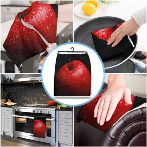 Beisseid Red Apples Kitchen Towels Set Water Drops Dish Cloth Fingertip Bath Towels Cloth Black Background Hand Drying Soft Cotton Tea Towel 18x28in 2PCS