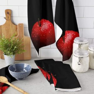 Beisseid Red Apples Kitchen Towels Set Water Drops Dish Cloth Fingertip Bath Towels Cloth Black Background Hand Drying Soft Cotton Tea Towel 18x28in 2PCS