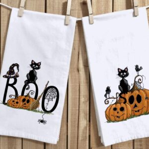 Halloween Black Cat Kitchen Dish Towels, 18 x 28 Inch Halloween Boo Pumpkin Holiday Tea Towels for Cooking Baking Set of 2