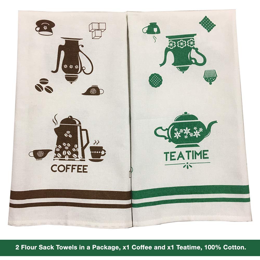 Whiffkitch Whiff Botanicals, Kitchen Towels 2pk, Printed, Cafe Themed,100% White Cotton, Machine Washable, 19"x27", Medium Weight, Design Coffee-Tea