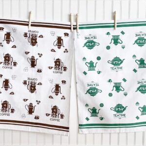 Whiffkitch Whiff Botanicals, Kitchen Towels 2pk, Printed, Cafe Themed,100% White Cotton, Machine Washable, 19"x27", Medium Weight, Design Coffee-Tea