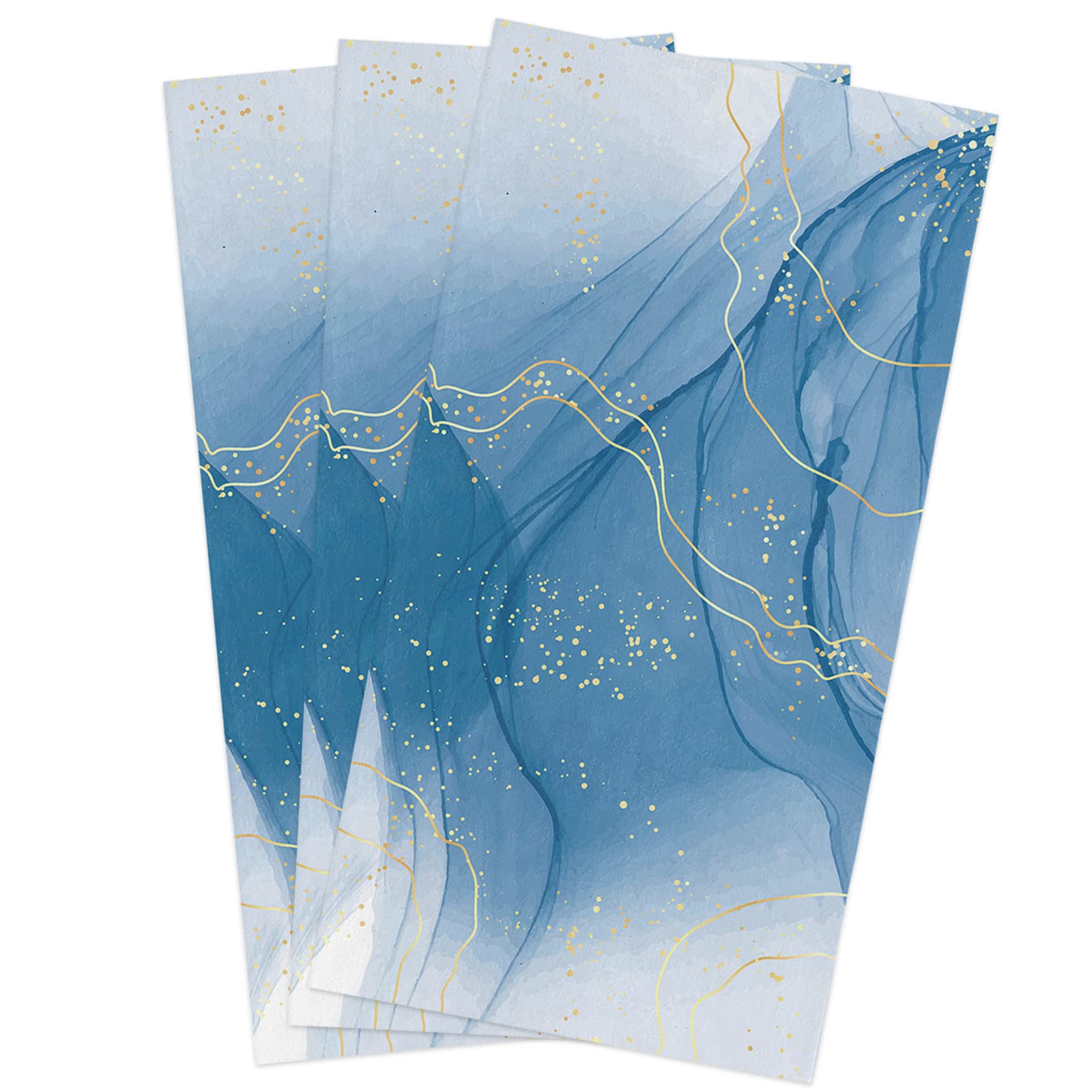 LOVE HOME DAY Kitchen Towel Set of 3, Nature Marble Texture Golden Wave Point Lines Art Hand Towels Absorbent Microfiber Dish Cloth Abstract Blue Gradient Washable Tea Bar Dishcloth Cleaning Cloths