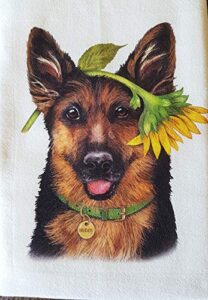 mary lake thompson german shepherd dog sunflower 100% cotton flour sack dish tea towel 30" x 30"