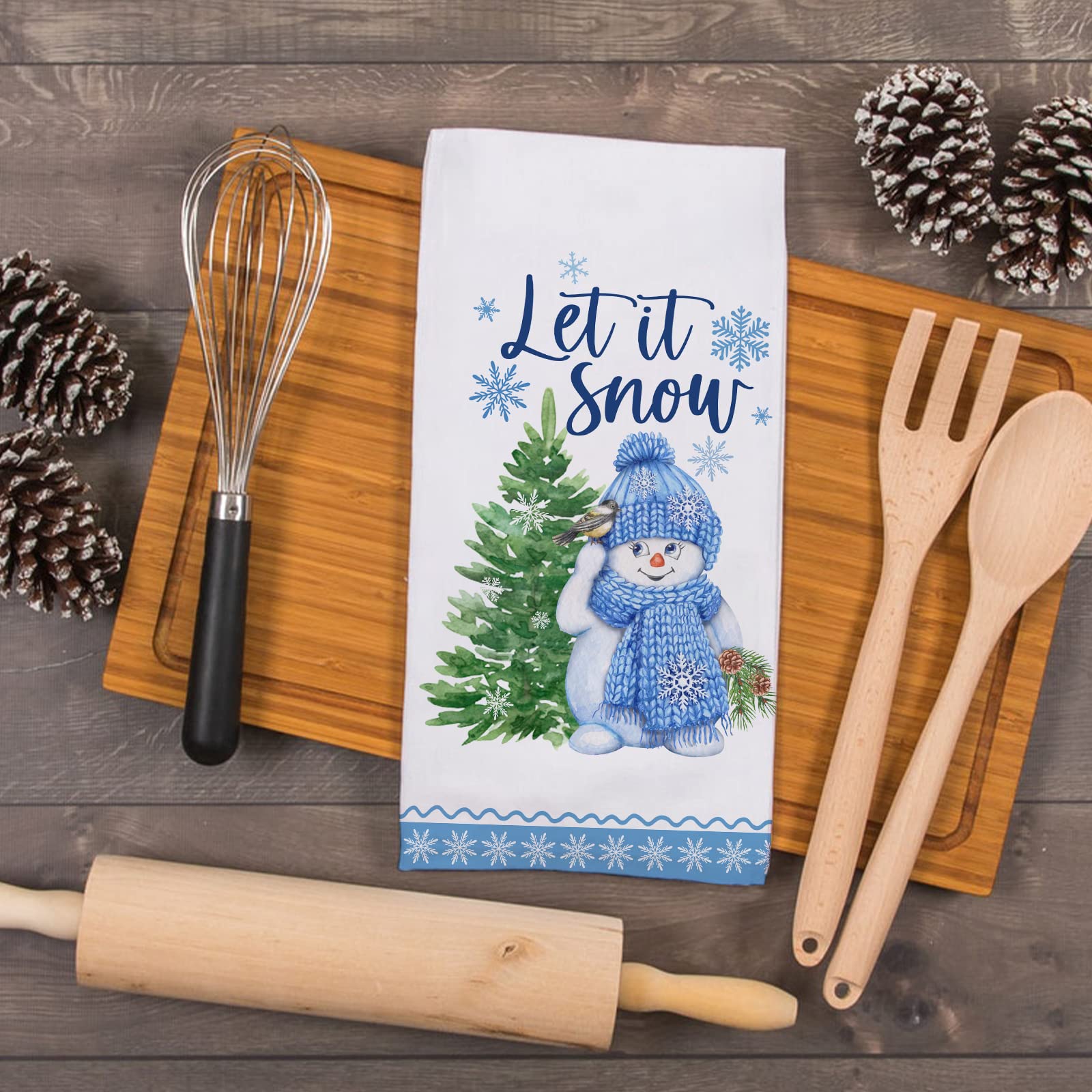 Seliem Winter Let it Snow Snowman Kitchen Dish Towel Set of 2, Blue Snowflakes Chickadee Hand Drying Baking Cooking Cloth, Christmas Tree Pine Cones Holiday Decor Home Decorations 18 x 26 Inch