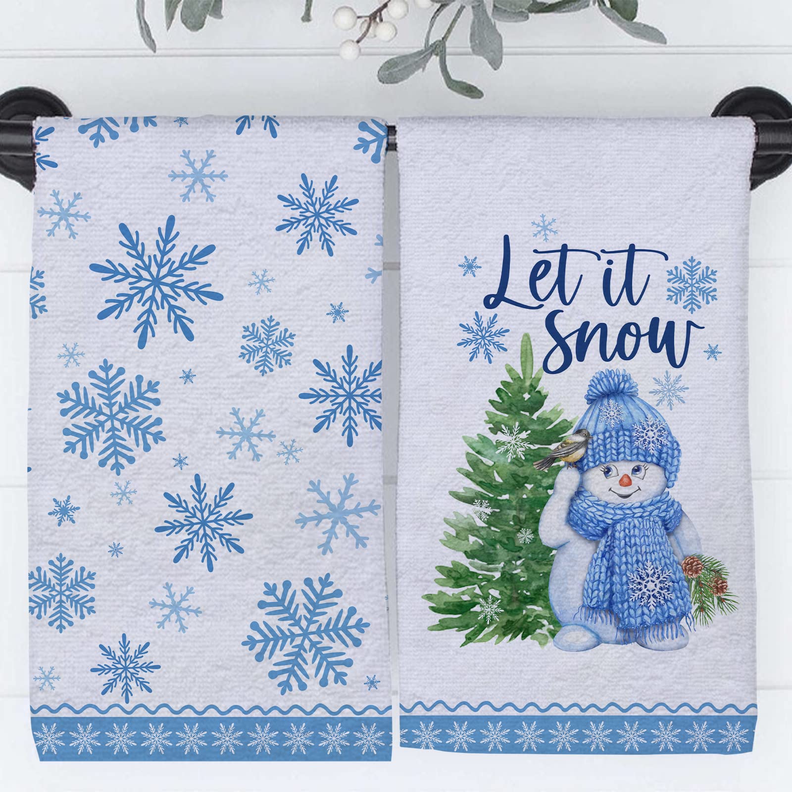 Seliem Winter Let it Snow Snowman Kitchen Dish Towel Set of 2, Blue Snowflakes Chickadee Hand Drying Baking Cooking Cloth, Christmas Tree Pine Cones Holiday Decor Home Decorations 18 x 26 Inch