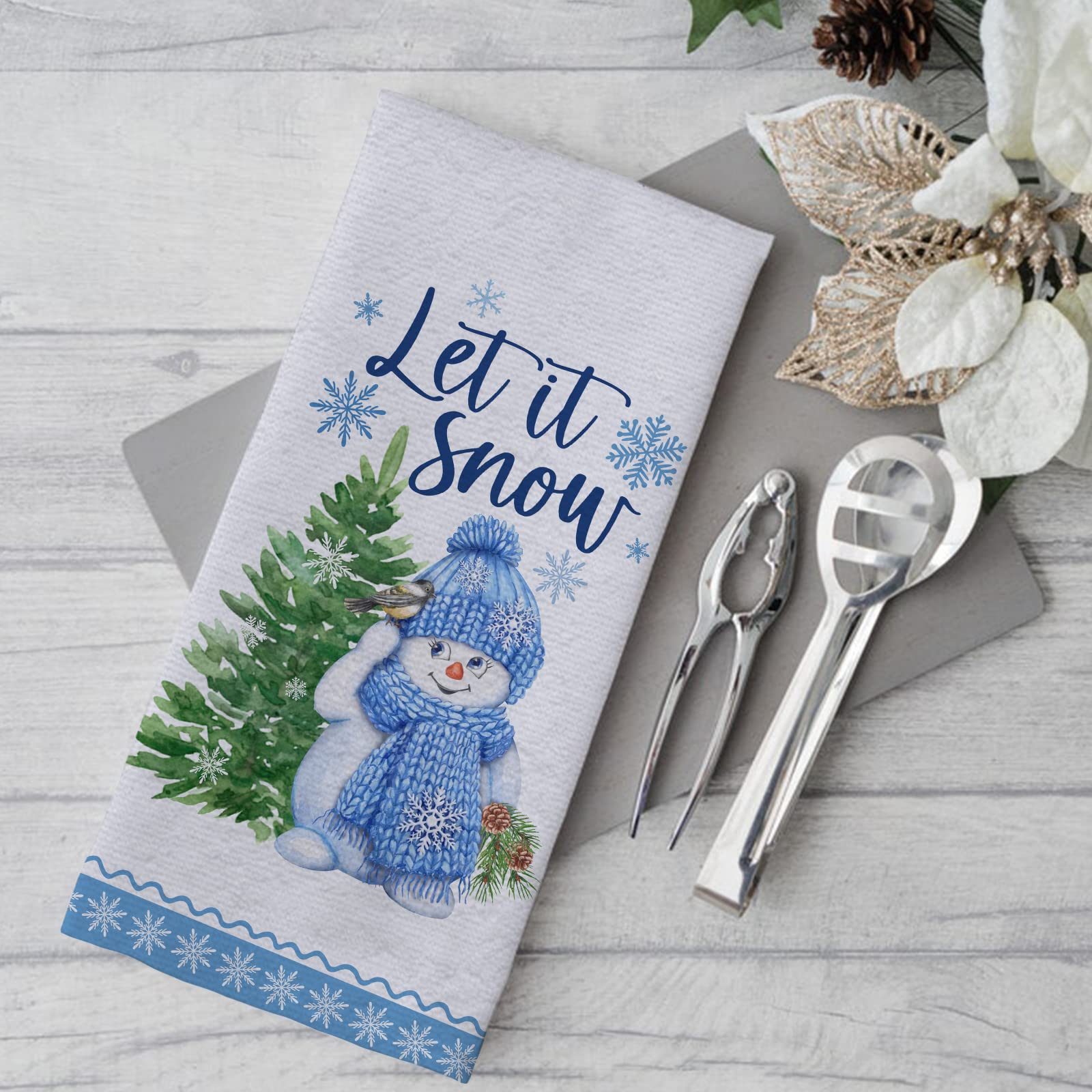 Seliem Winter Let it Snow Snowman Kitchen Dish Towel Set of 2, Blue Snowflakes Chickadee Hand Drying Baking Cooking Cloth, Christmas Tree Pine Cones Holiday Decor Home Decorations 18 x 26 Inch