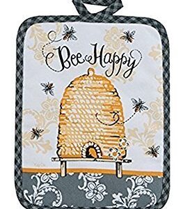 DHE Bee Happy Yellow and Gray 4 Piece Kitchen Towel and Potholder Bundle,Multi-colored