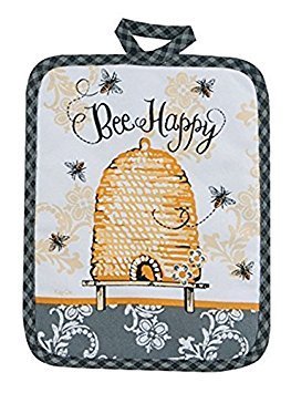 DHE Bee Happy Yellow and Gray 4 Piece Kitchen Towel and Potholder Bundle,Multi-colored