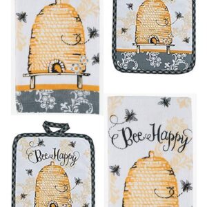 DHE Bee Happy Yellow and Gray 4 Piece Kitchen Towel and Potholder Bundle,Multi-colored