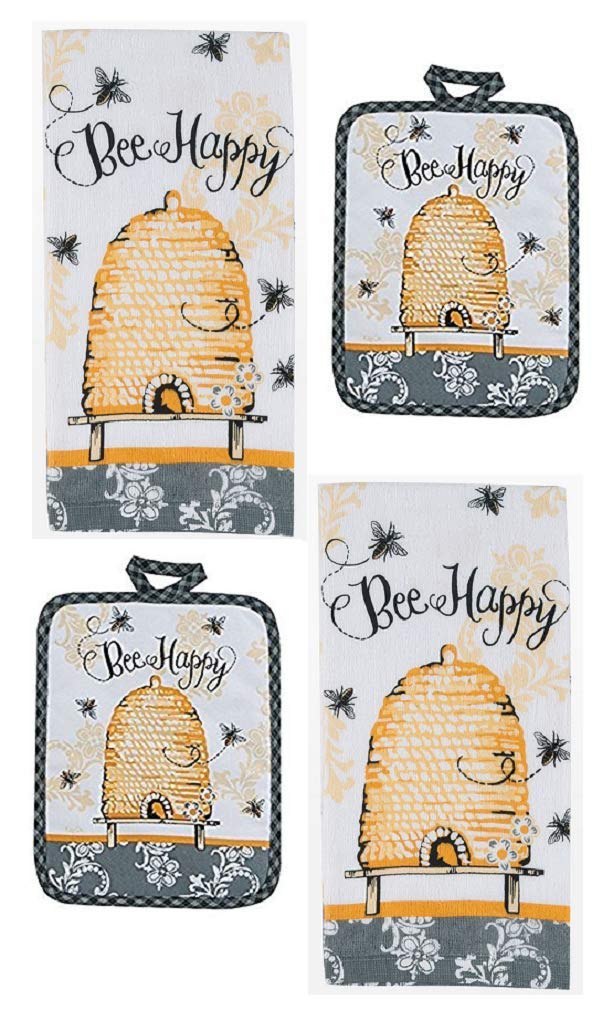 DHE Bee Happy Yellow and Gray 4 Piece Kitchen Towel and Potholder Bundle,Multi-colored