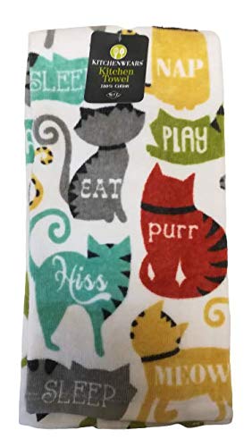 Kitchen Towel - Cats, Eat, Purr, Play, Sleep, Hiss, Meow - 100% Cotton, 16 x 26 in, Kitchen Decor, Gift, Dining and Entertaining