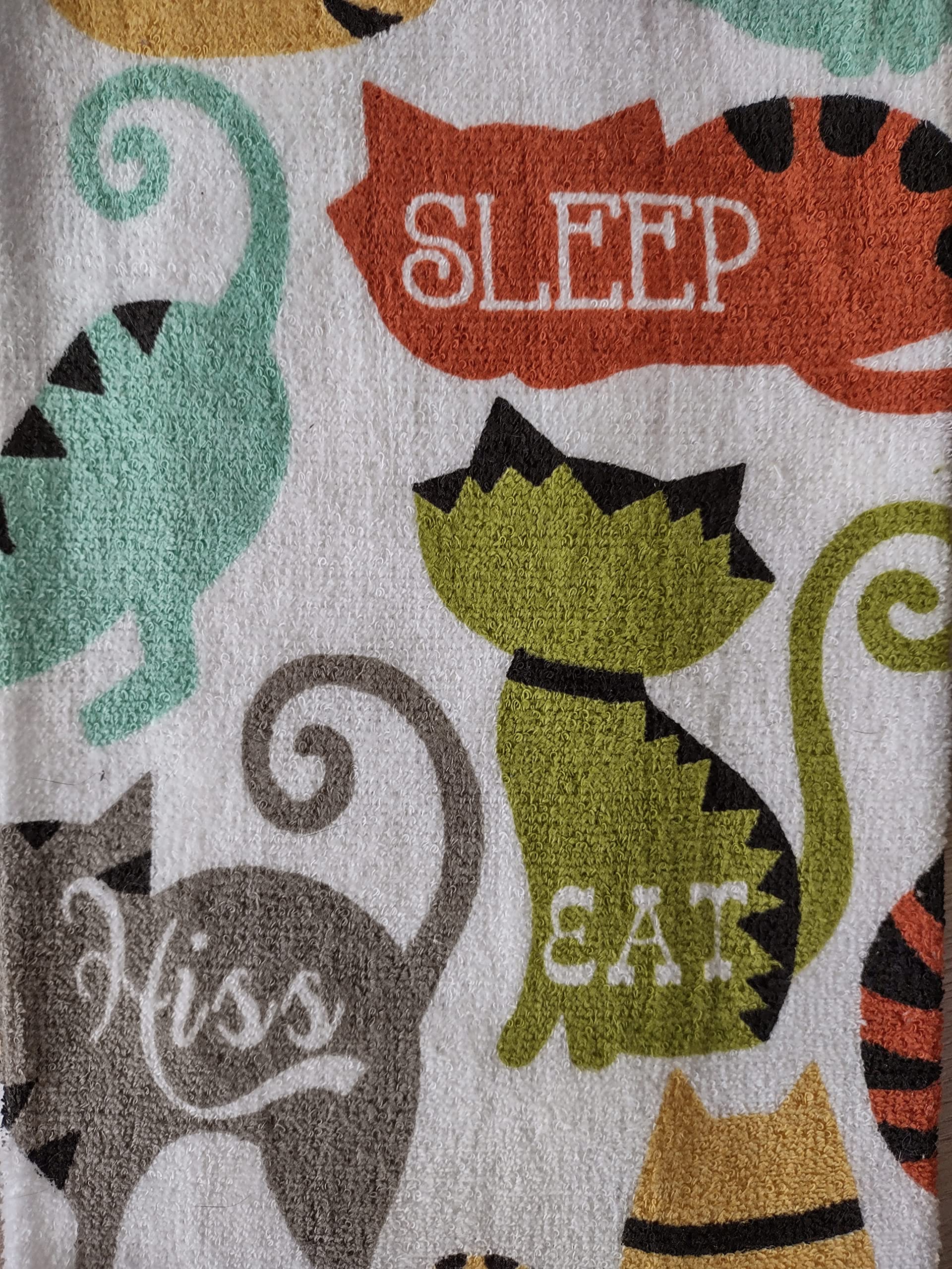 Kitchen Towel - Cats, Eat, Purr, Play, Sleep, Hiss, Meow - 100% Cotton, 16 x 26 in, Kitchen Decor, Gift, Dining and Entertaining