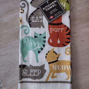 Kitchen Towel - Cats, Eat, Purr, Play, Sleep, Hiss, Meow - 100% Cotton, 16 x 26 in, Kitchen Decor, Gift, Dining and Entertaining