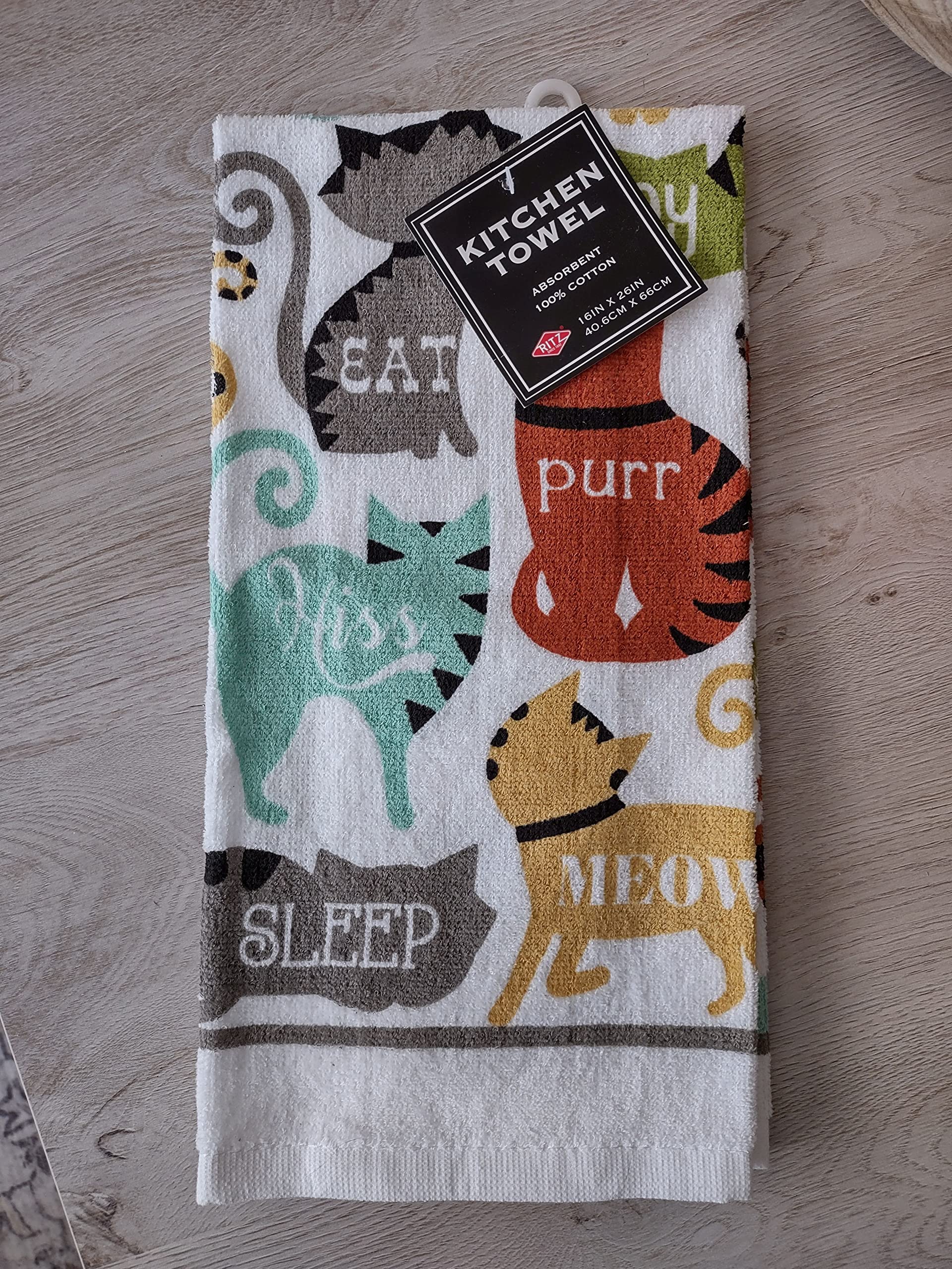 Kitchen Towel - Cats, Eat, Purr, Play, Sleep, Hiss, Meow - 100% Cotton, 16 x 26 in, Kitchen Decor, Gift, Dining and Entertaining