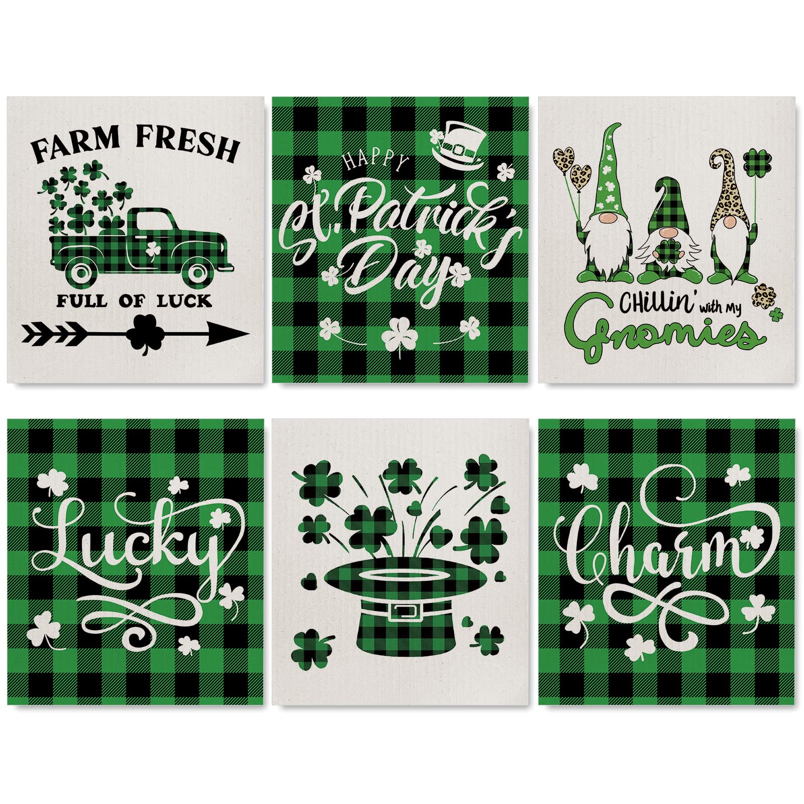 AnyDesign St. Patrick's Day Swedish Kitchen Dishcloth Green Black Buffalo Plaids Gnome Truck Shamrock Absorbent Cotton Kitchen Towel for Party Home Housewarming Cleaning Counter Wipes, 7 x 8 in, 6Pcs