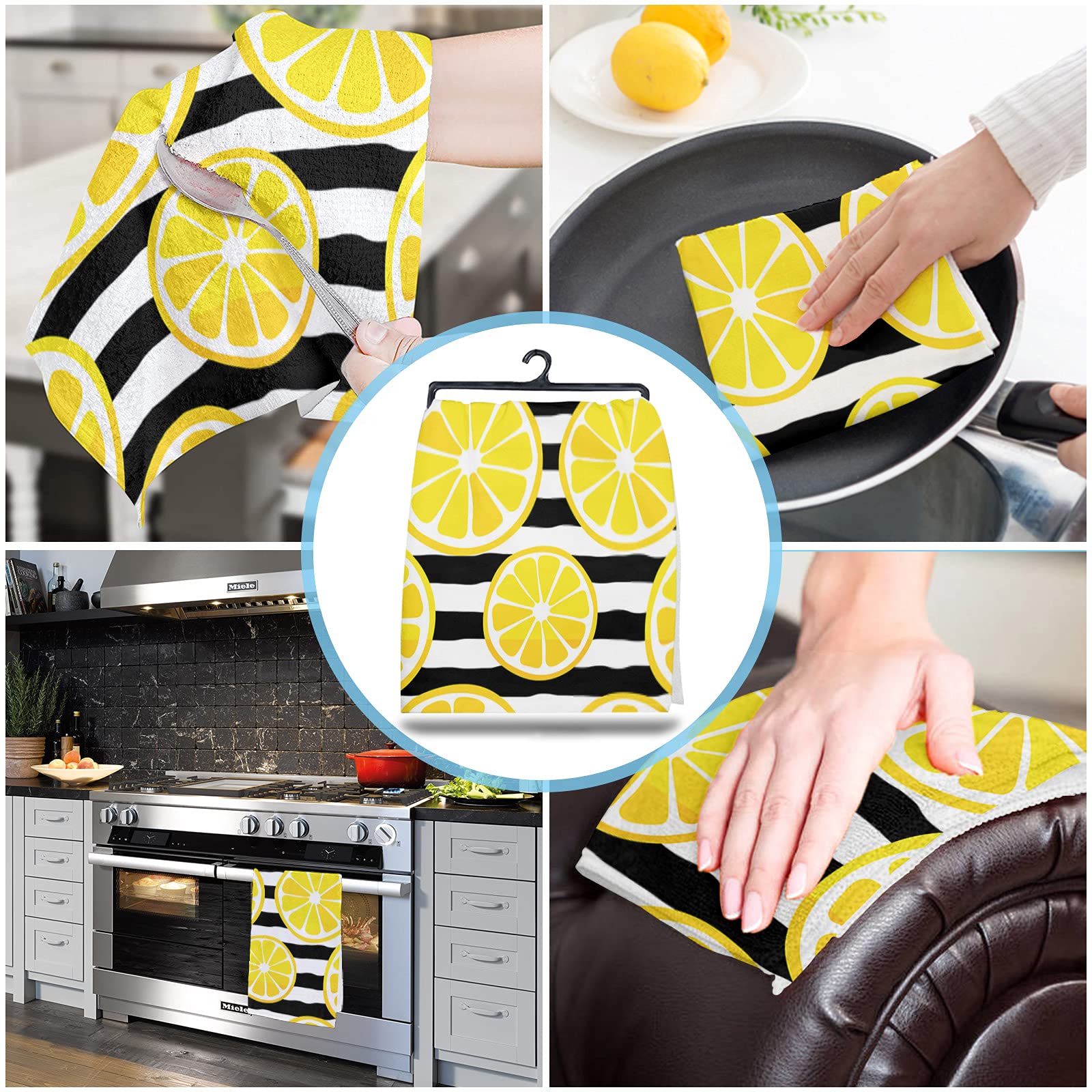 Zadaling Kitchen Towels,Yellow Summer Lemon Black White Stripe 16x28 Inches Soft Kitchen Dish Cloth,Cotton Tea Towels/Bar Towels/Hand Towels,(2 Pack)