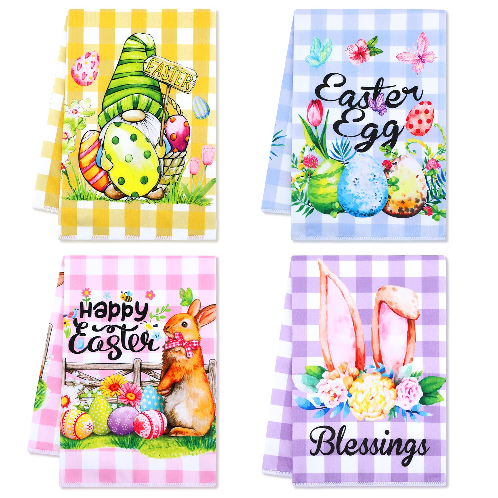 RUMIA 4 Pcs Easter Kitchen Towels Buffalo Plaid Happy Easter Kitchen Dish Towels Dishcloth 18 x 26 inch Easter Gnomes Bunny Eggs Hand Towels for Spring Easter Housewarming Gifts Kitchen Decor