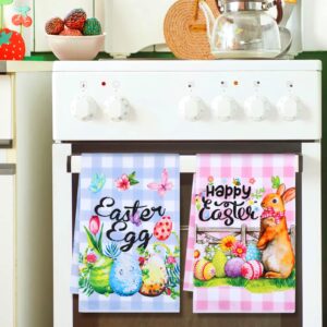 RUMIA 4 Pcs Easter Kitchen Towels Buffalo Plaid Happy Easter Kitchen Dish Towels Dishcloth 18 x 26 inch Easter Gnomes Bunny Eggs Hand Towels for Spring Easter Housewarming Gifts Kitchen Decor