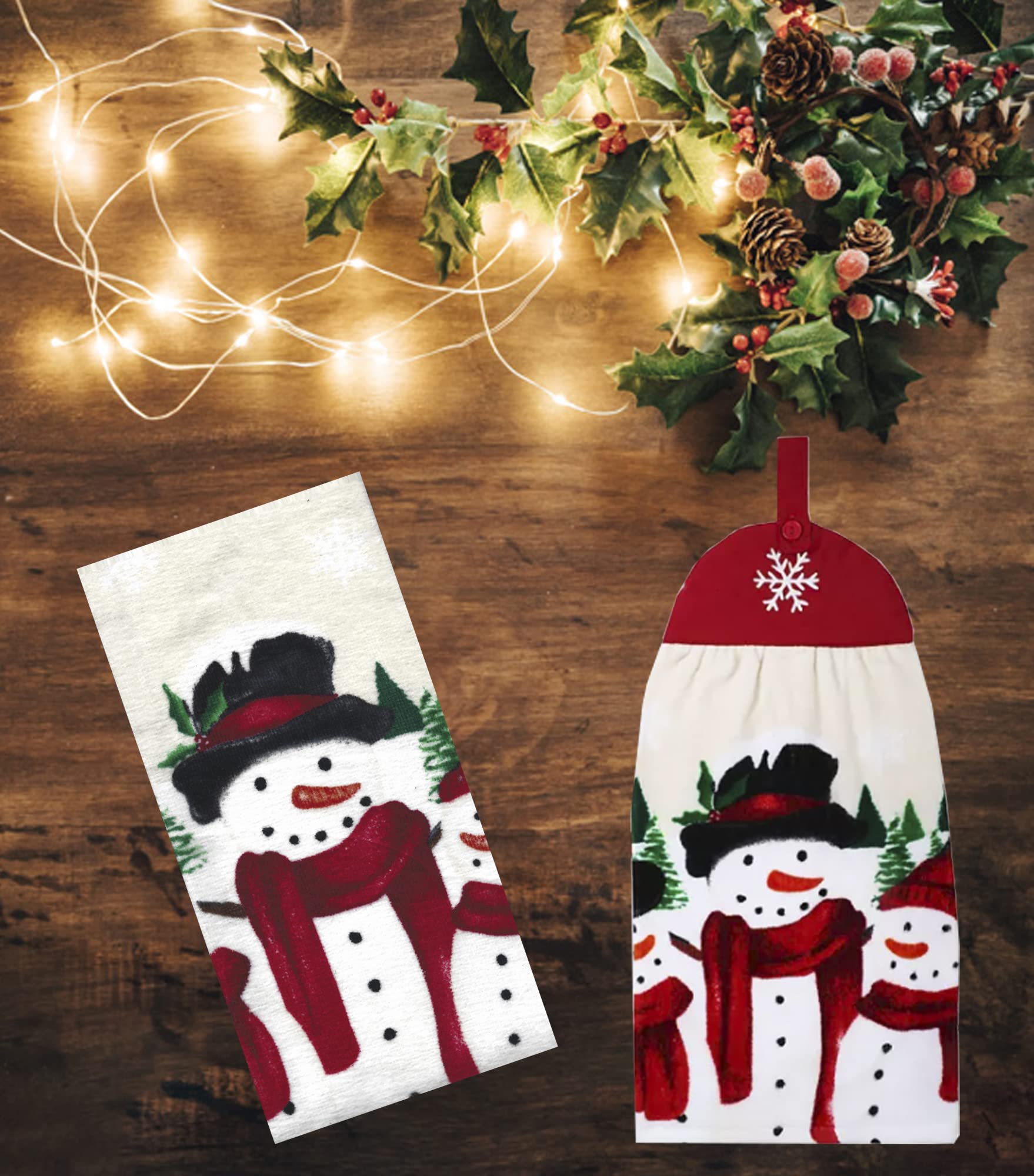 St. Nicholas Square Christmas Kitchen Print Towels, Set of 2, One Hanging Tie-Top with Button Loop Cotton Terry Towel Snowman Family for and Household Red, Black, Beige, Green, Orange 16 x 25 inches