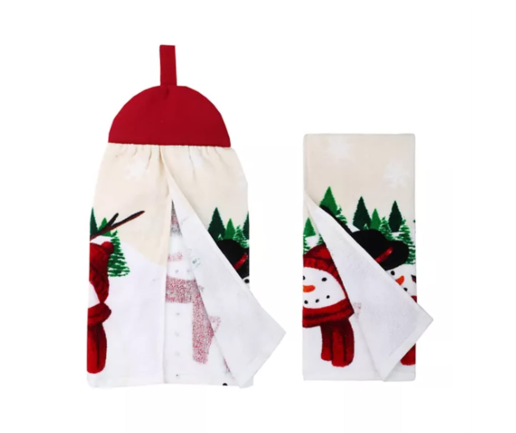 St. Nicholas Square Christmas Kitchen Print Towels, Set of 2, One Hanging Tie-Top with Button Loop Cotton Terry Towel Snowman Family for and Household Red, Black, Beige, Green, Orange 16 x 25 inches