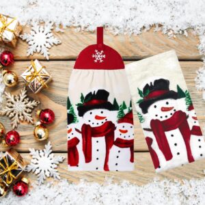 St. Nicholas Square Christmas Kitchen Print Towels, Set of 2, One Hanging Tie-Top with Button Loop Cotton Terry Towel Snowman Family for and Household Red, Black, Beige, Green, Orange 16 x 25 inches