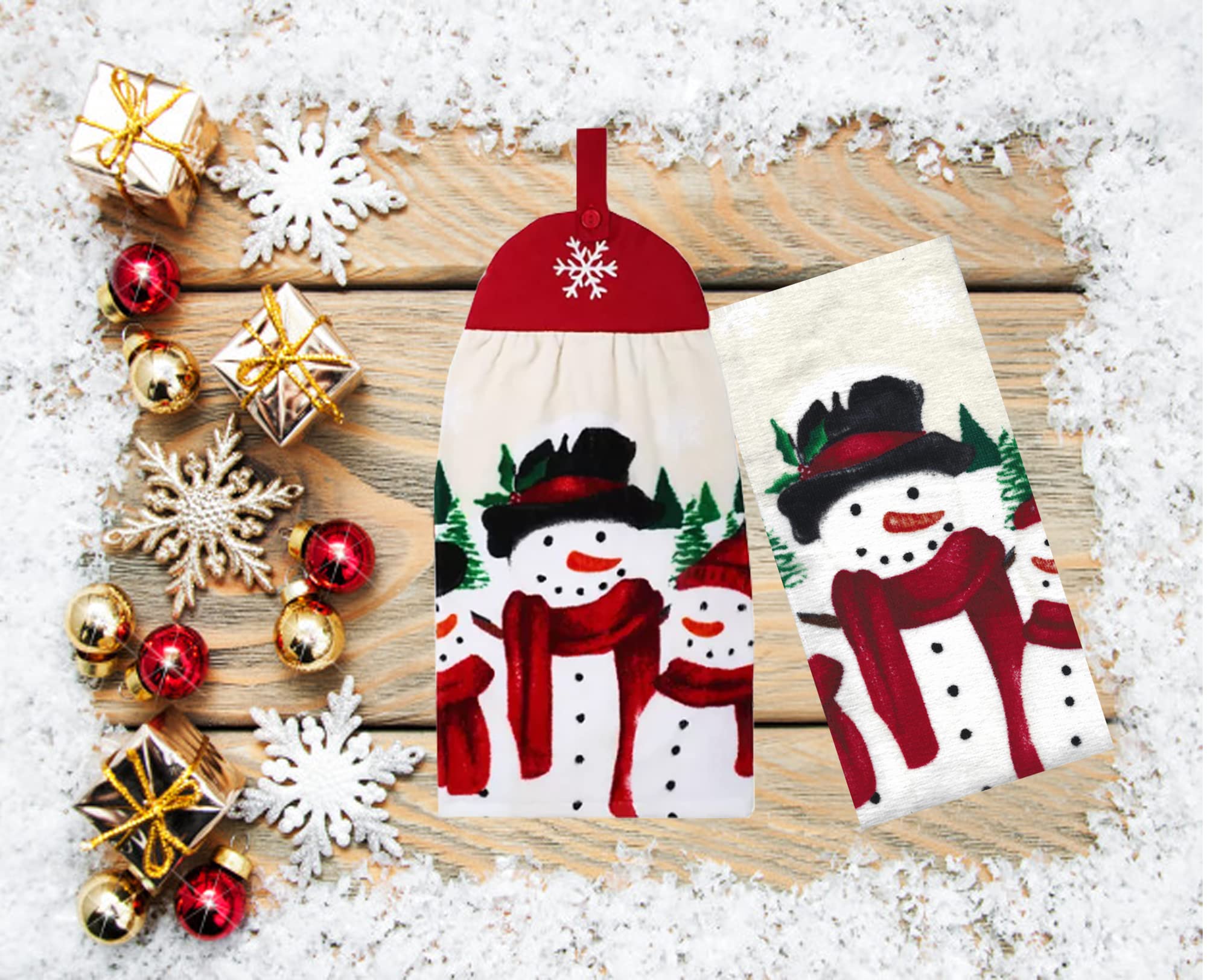 St. Nicholas Square Christmas Kitchen Print Towels, Set of 2, One Hanging Tie-Top with Button Loop Cotton Terry Towel Snowman Family for and Household Red, Black, Beige, Green, Orange 16 x 25 inches