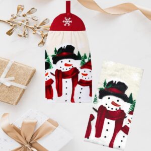 St. Nicholas Square Christmas Kitchen Print Towels, Set of 2, One Hanging Tie-Top with Button Loop Cotton Terry Towel Snowman Family for and Household Red, Black, Beige, Green, Orange 16 x 25 inches