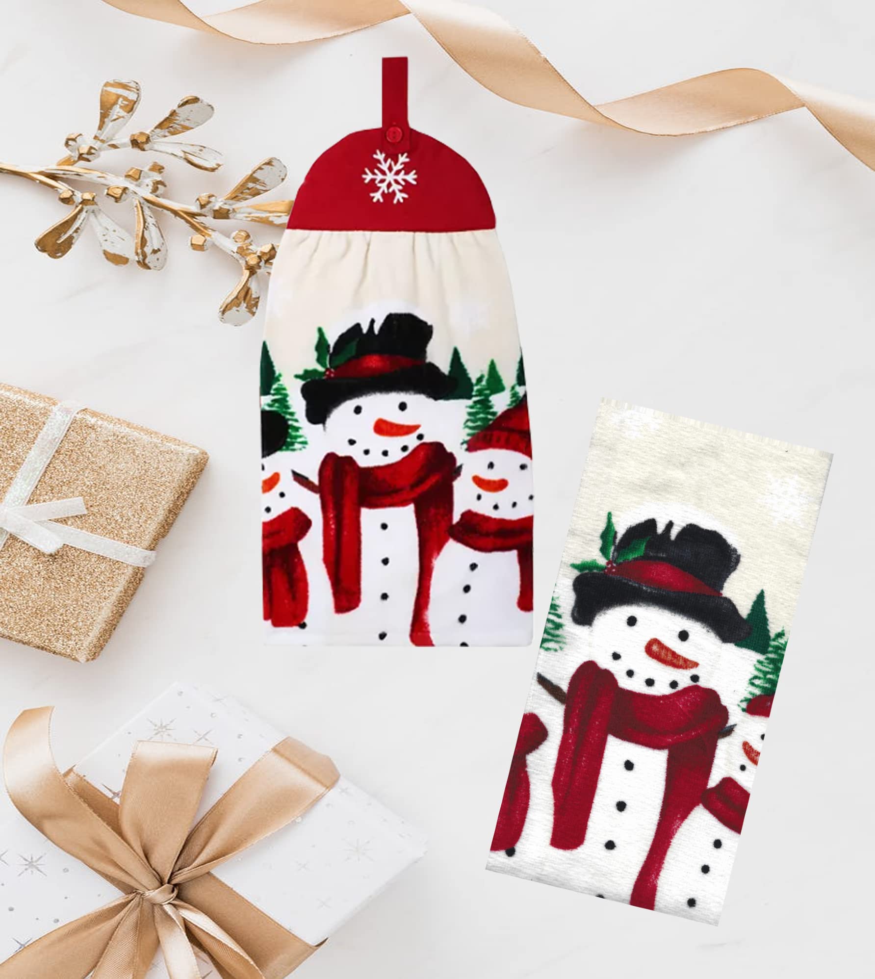 St. Nicholas Square Christmas Kitchen Print Towels, Set of 2, One Hanging Tie-Top with Button Loop Cotton Terry Towel Snowman Family for and Household Red, Black, Beige, Green, Orange 16 x 25 inches