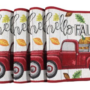 Fall Farmhouse Red Truck and Pumpkins Placemats, Hello Fall Set of Six (6) Colorful Tapestry Weave Fabric, for Holiday's, Thanksgiving, Autumn and Fall