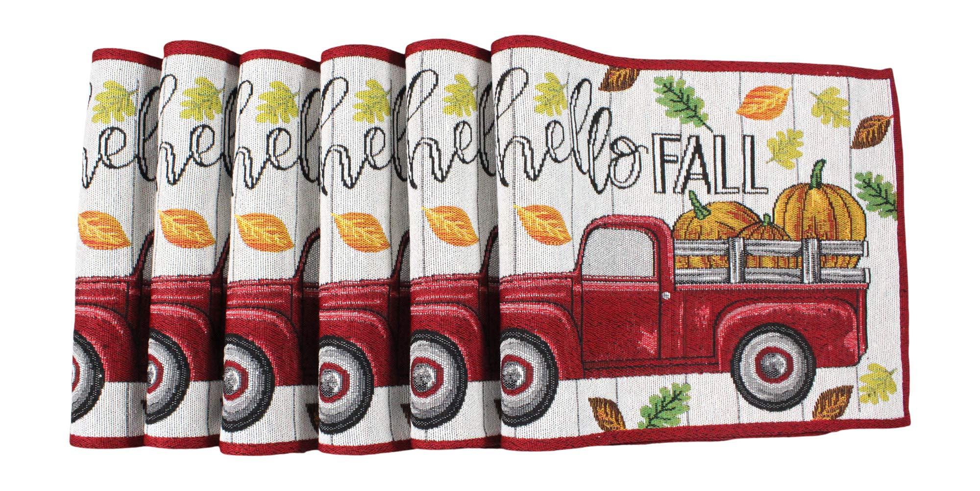 Fall Farmhouse Red Truck and Pumpkins Placemats, Hello Fall Set of Six (6) Colorful Tapestry Weave Fabric, for Holiday's, Thanksgiving, Autumn and Fall