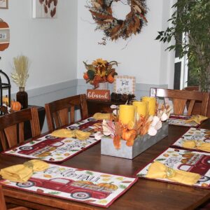 Fall Farmhouse Red Truck and Pumpkins Placemats, Hello Fall Set of Six (6) Colorful Tapestry Weave Fabric, for Holiday's, Thanksgiving, Autumn and Fall