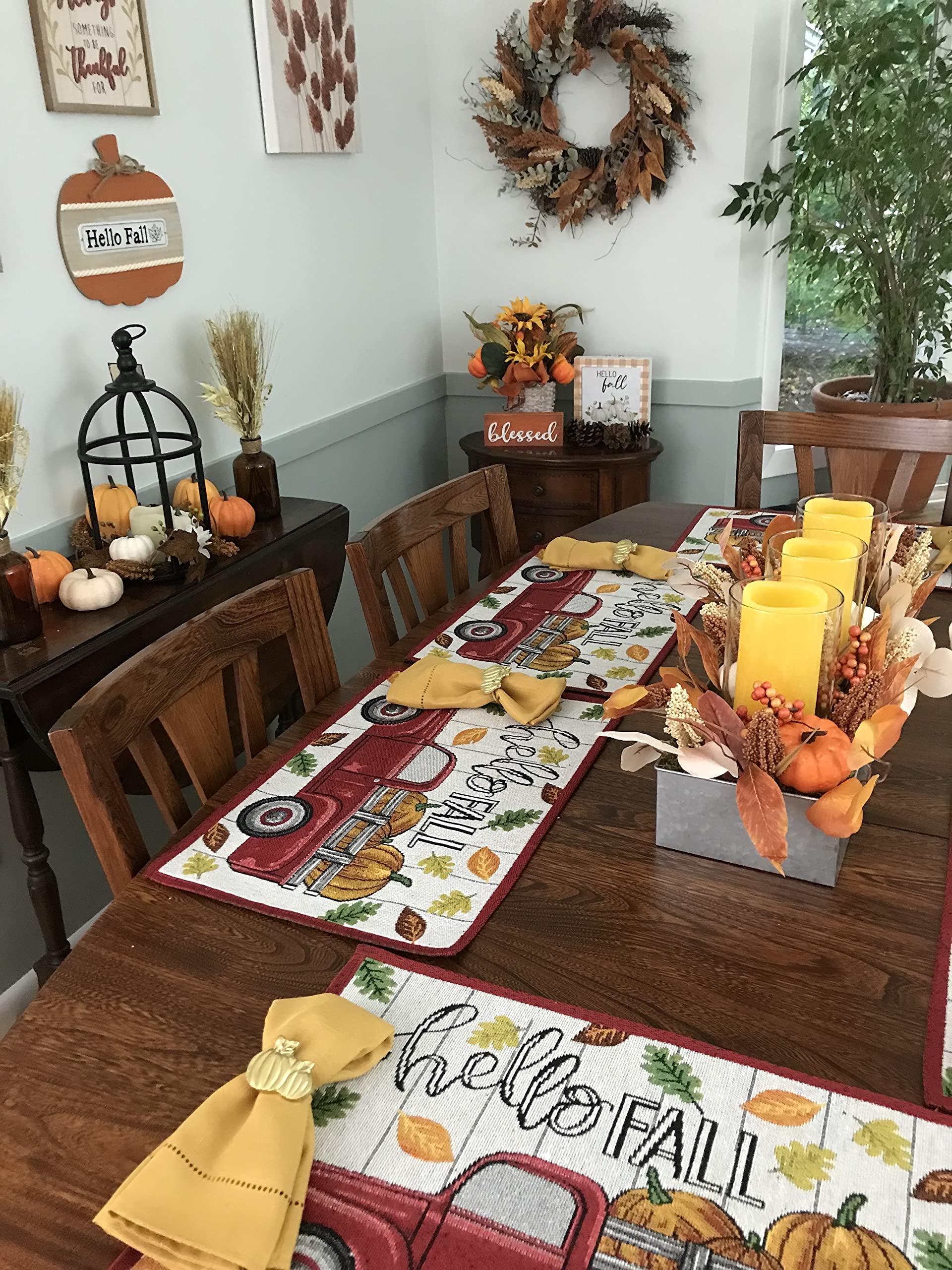 Fall Farmhouse Red Truck and Pumpkins Placemats, Hello Fall Set of Six (6) Colorful Tapestry Weave Fabric, for Holiday's, Thanksgiving, Autumn and Fall