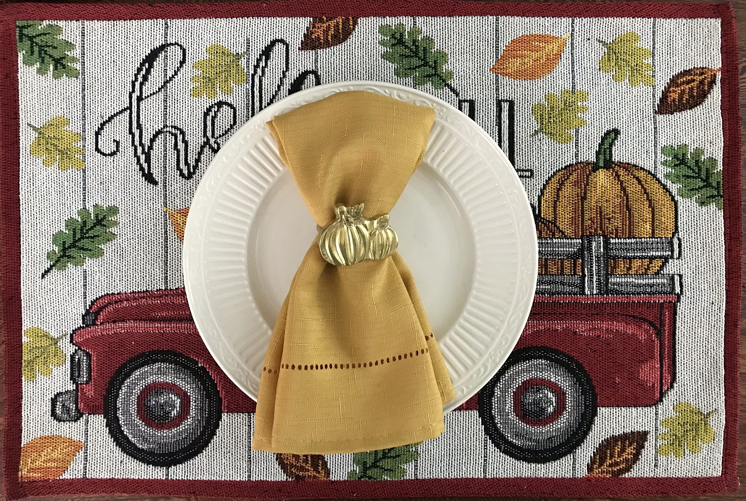 Fall Farmhouse Red Truck and Pumpkins Placemats, Hello Fall Set of Six (6) Colorful Tapestry Weave Fabric, for Holiday's, Thanksgiving, Autumn and Fall