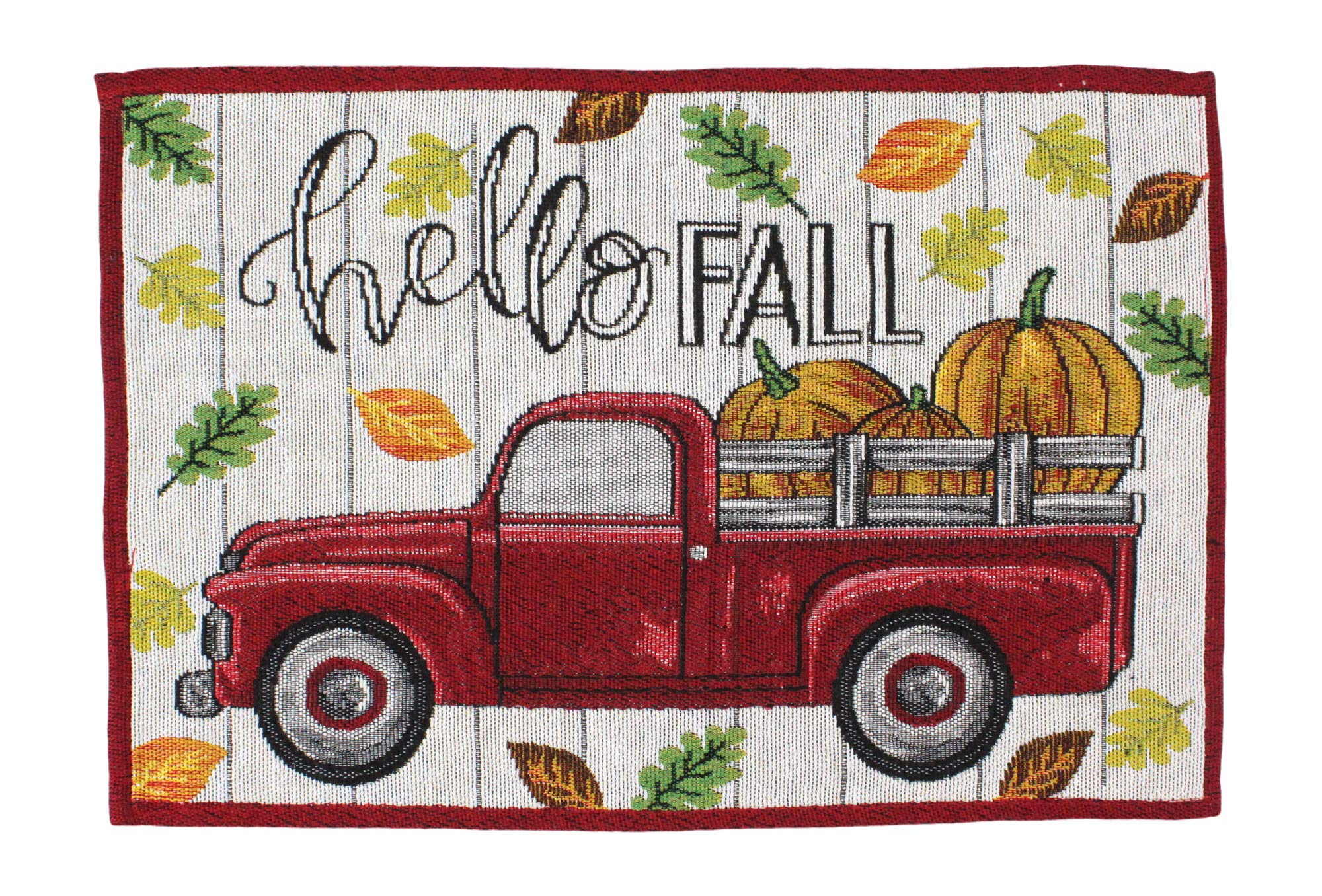 Fall Farmhouse Red Truck and Pumpkins Placemats, Hello Fall Set of Six (6) Colorful Tapestry Weave Fabric, for Holiday's, Thanksgiving, Autumn and Fall