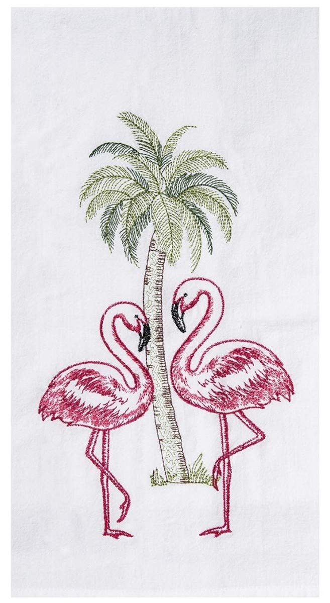 C&F 86171489 Embroidered Flamingo Palm Flour Sack Dishtowel