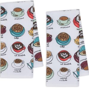 DII Coffee Cups Kitchen Towels Set of 2 Woven Cotton Tea Towels with Varieties of Coffee Prints Latte Cappuccino Macchiato Americano Mocha Hot Chocolate Café au Lait Large 18 x 28