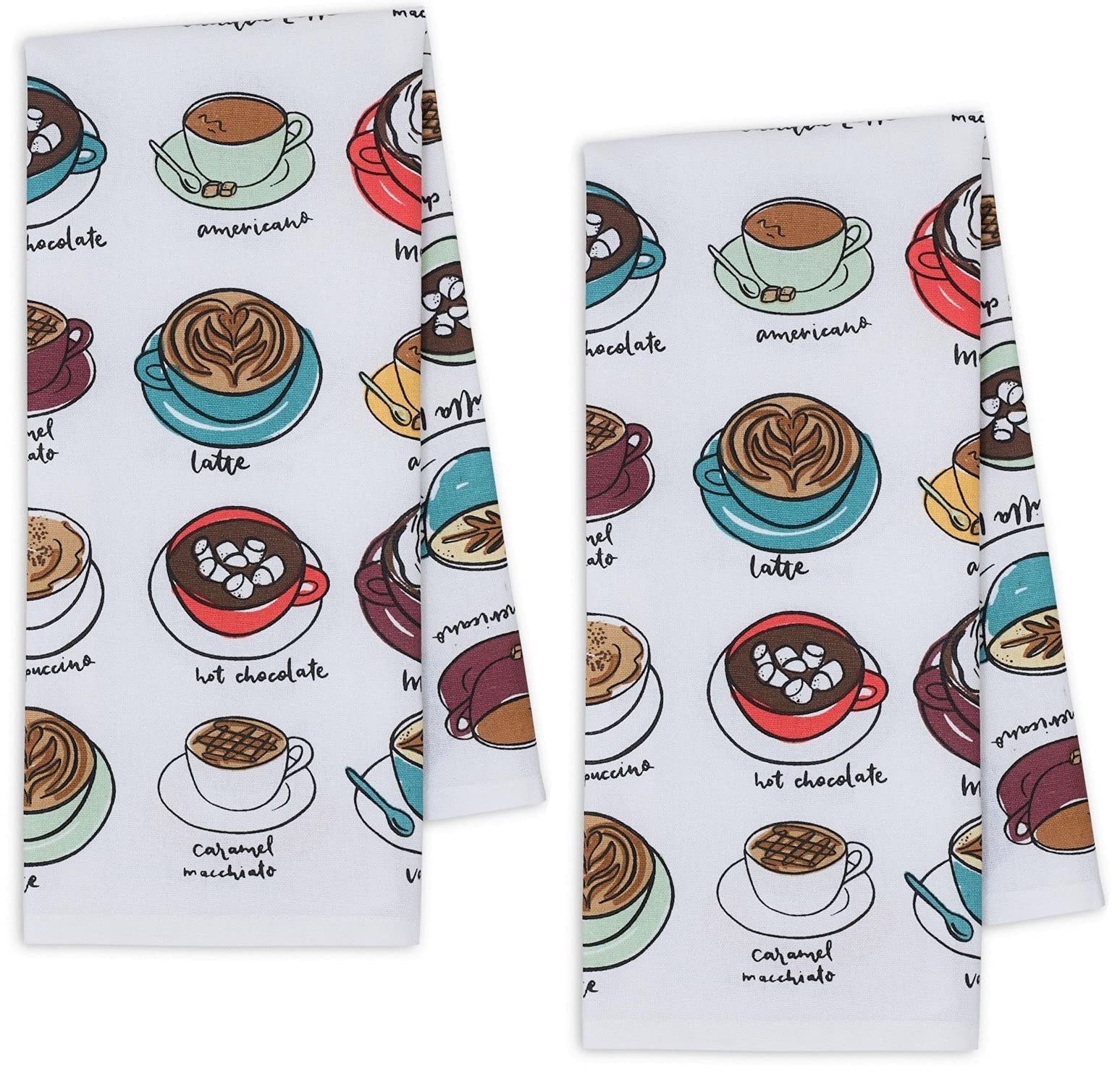 DII Coffee Cups Kitchen Towels Set of 2 Woven Cotton Tea Towels with Varieties of Coffee Prints Latte Cappuccino Macchiato Americano Mocha Hot Chocolate Café au Lait Large 18 x 28