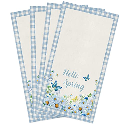 Aomike Kitchen Towels Set of 4, Hello Spring Country Daisy Butterfly Retro Blue Plaid Dish Towels Absorbent Soft Kitchen Hand Towels Tea Towels for House Cleaning and Decorate, 18" x 28"