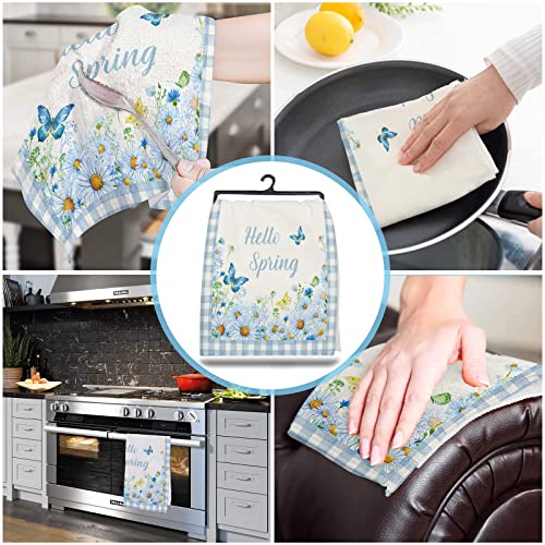 Aomike Kitchen Towels Set of 4, Hello Spring Country Daisy Butterfly Retro Blue Plaid Dish Towels Absorbent Soft Kitchen Hand Towels Tea Towels for House Cleaning and Decorate, 18" x 28"