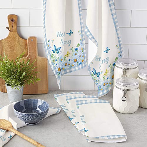 Aomike Kitchen Towels Set of 4, Hello Spring Country Daisy Butterfly Retro Blue Plaid Dish Towels Absorbent Soft Kitchen Hand Towels Tea Towels for House Cleaning and Decorate, 18" x 28"