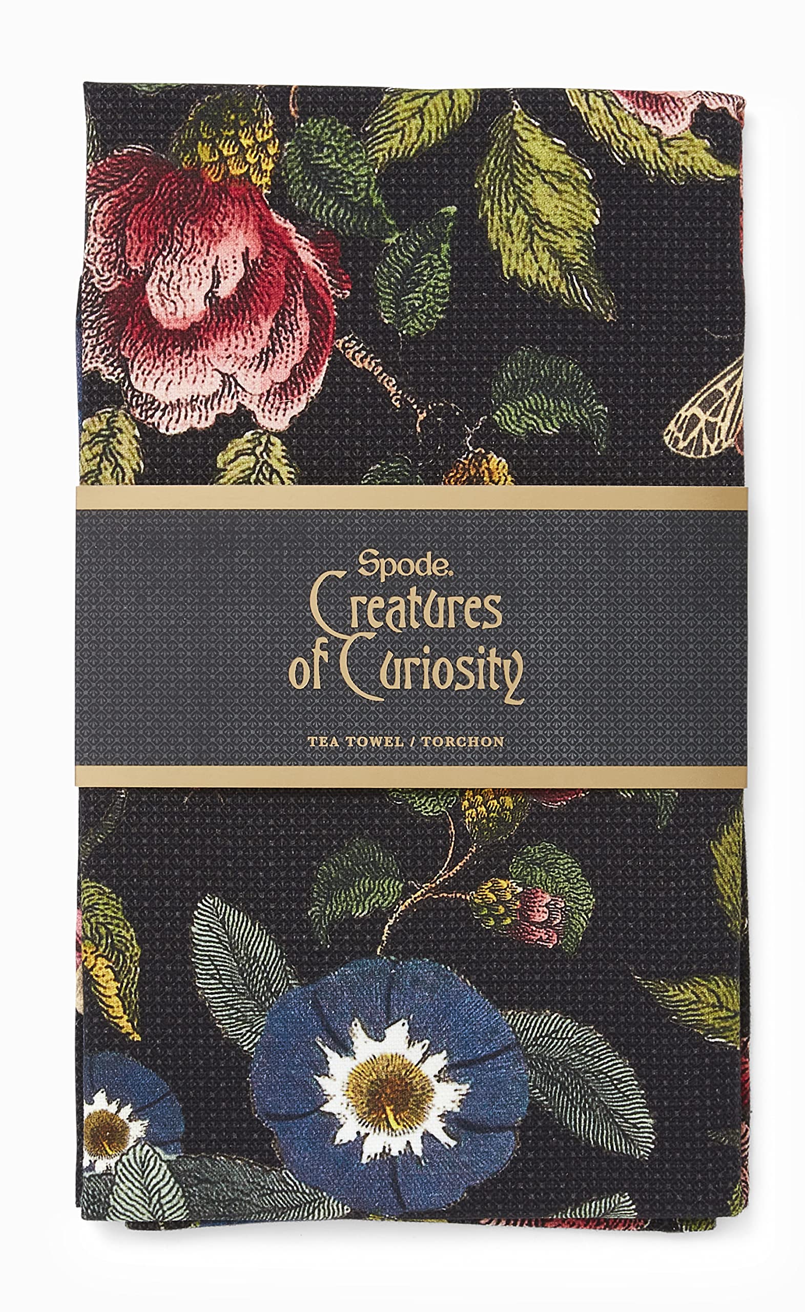 Spode Creatures of Curiosity Floral Tea Towel | Cotton Dish Towel | Highly Absorbent | Quick Drying | Multi-Purpose Absorbent Kitchen Towel | Dark and Edgy Floral Motif (1 Pack)