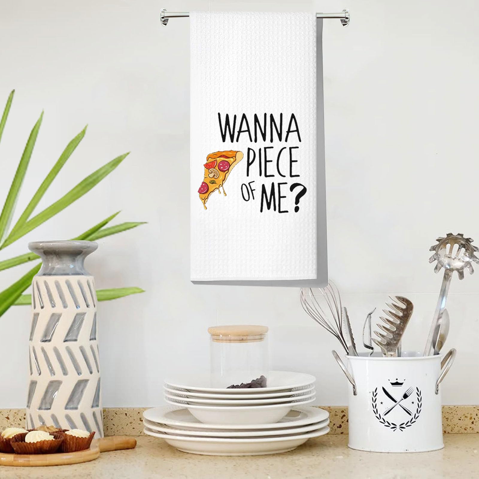 LEVLO Funny Pizza Kitchen Towel Pizza Lover Gift Wanna Piece of Me Tea Towels Housewarming Gift Waffle Weave Kitchen Decor Dish Towels (Wanna Piece Pizza)