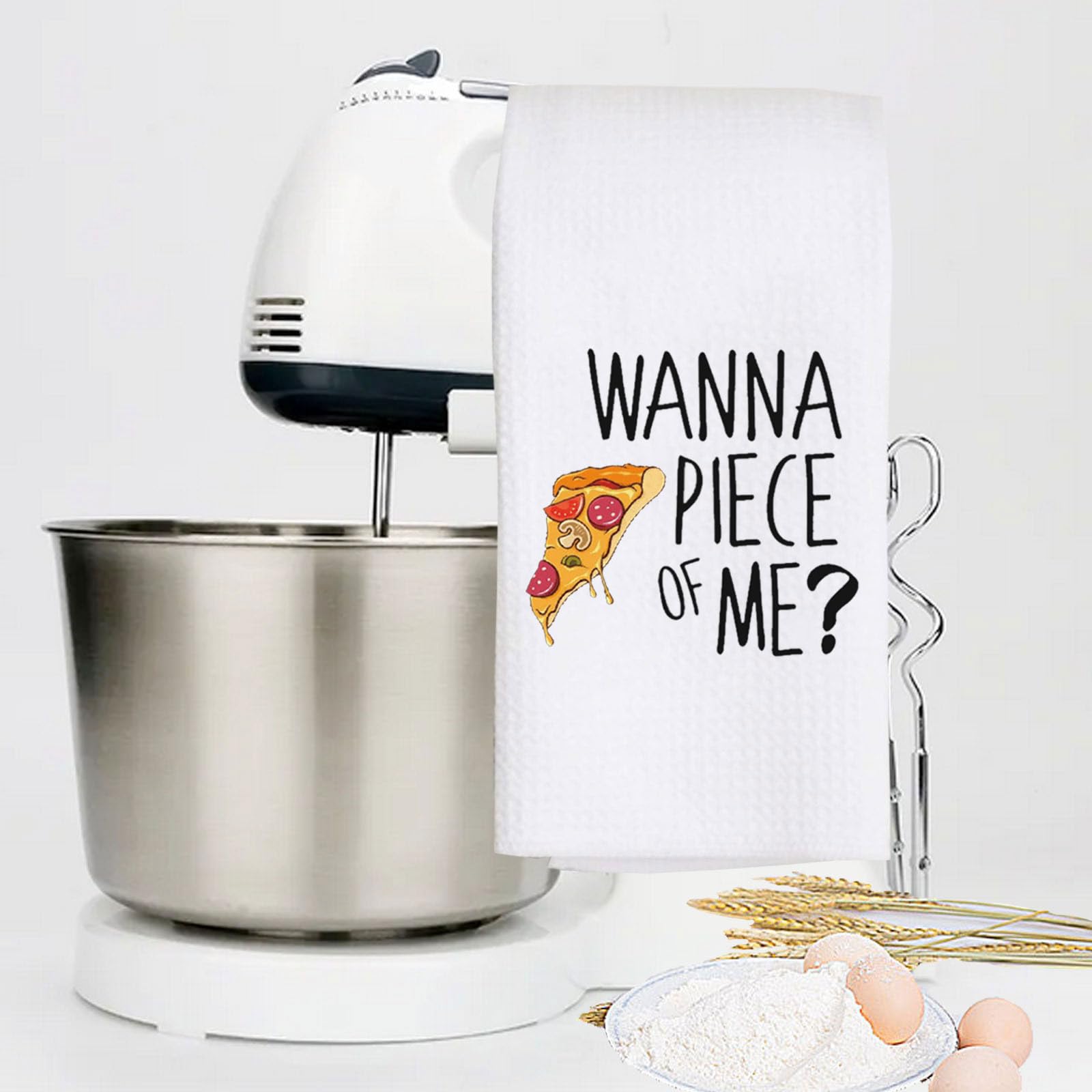 LEVLO Funny Pizza Kitchen Towel Pizza Lover Gift Wanna Piece of Me Tea Towels Housewarming Gift Waffle Weave Kitchen Decor Dish Towels (Wanna Piece Pizza)