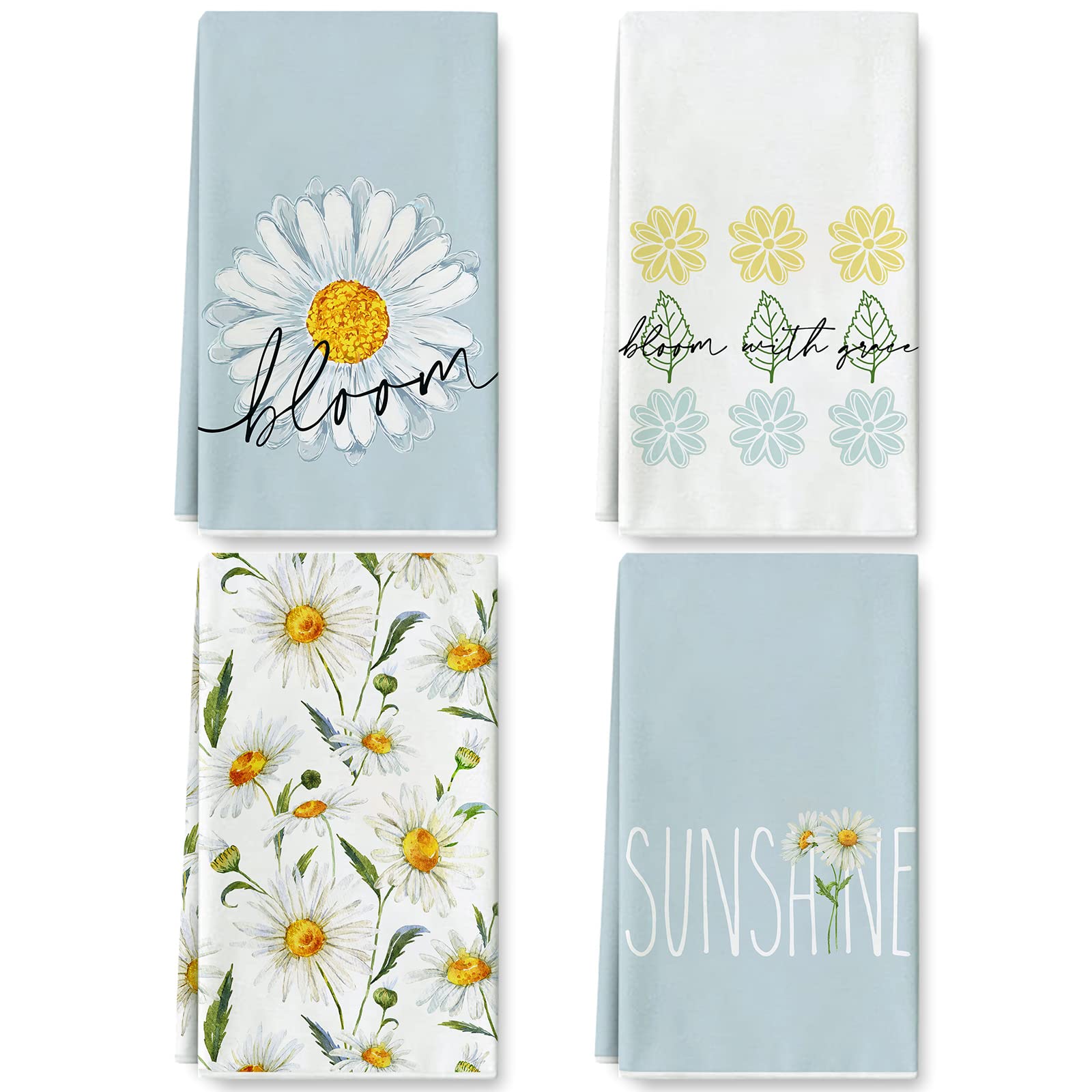 AnyDesign Watercolor Daisy Flower Kitchen Dish Towel Sunshine Blessed Bloom Spring Dishcloth 18 x 28 Inch Blue White Floral Bloom Hand Drying Tea Towel for Cooking Cleaning Wipes Supplies, Set of 4